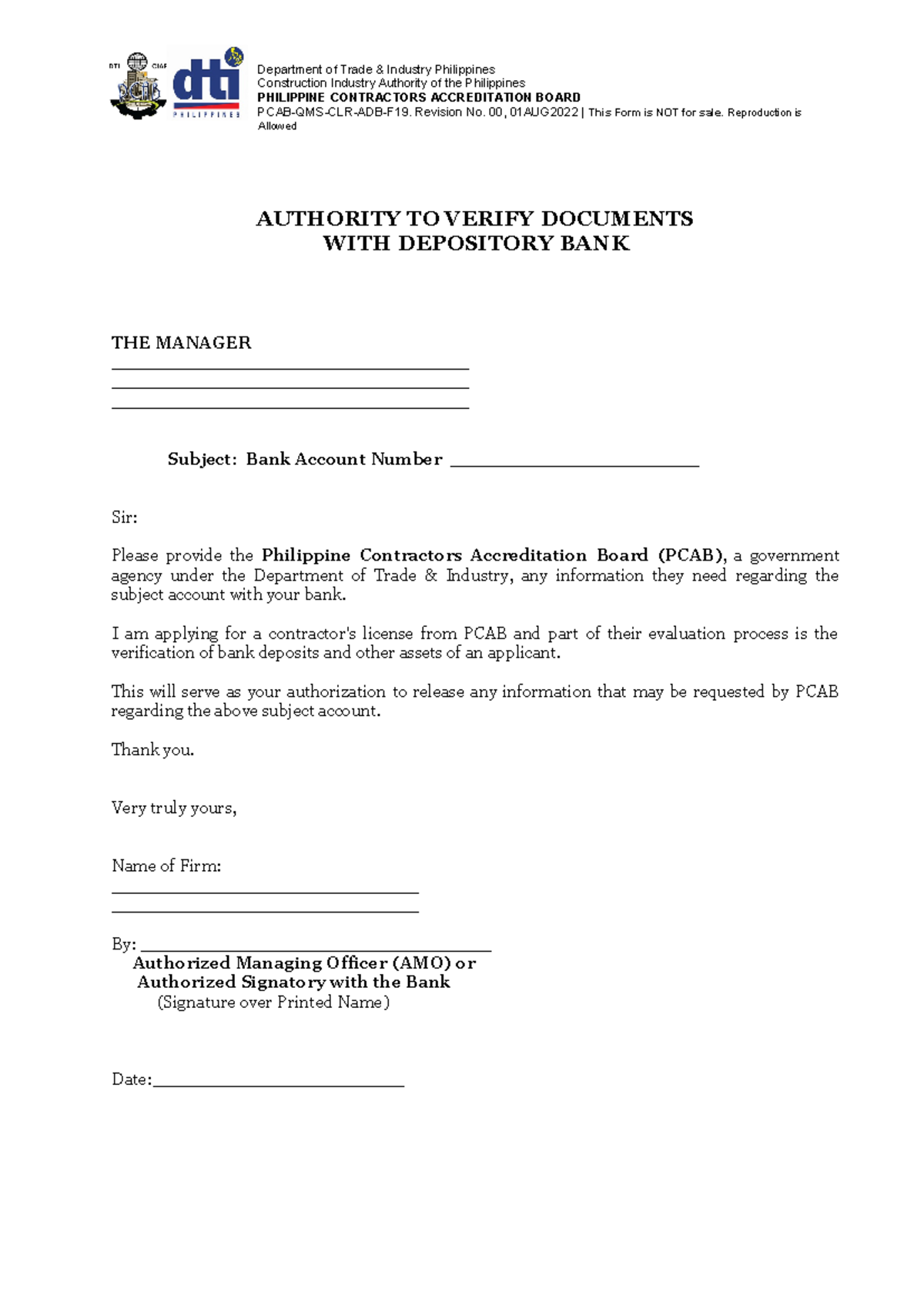 Authority to Verify Bank Documents for PCAB Application - Studocu