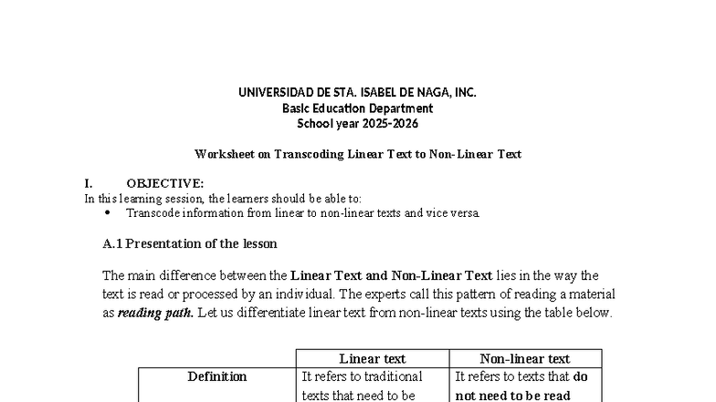 Worksheet on Transcoding Linear Text to Non-Linear Text - Studocu