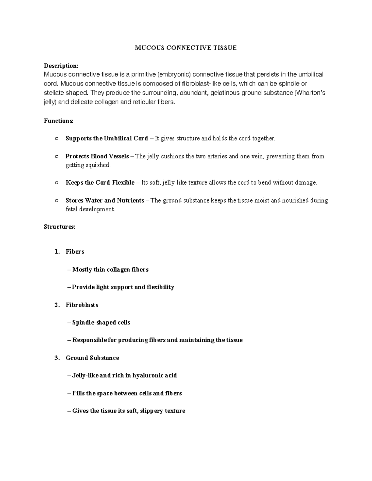 MUCOUS CONNECTIVE TISSUE: Structure, Functions, and Location - Studocu