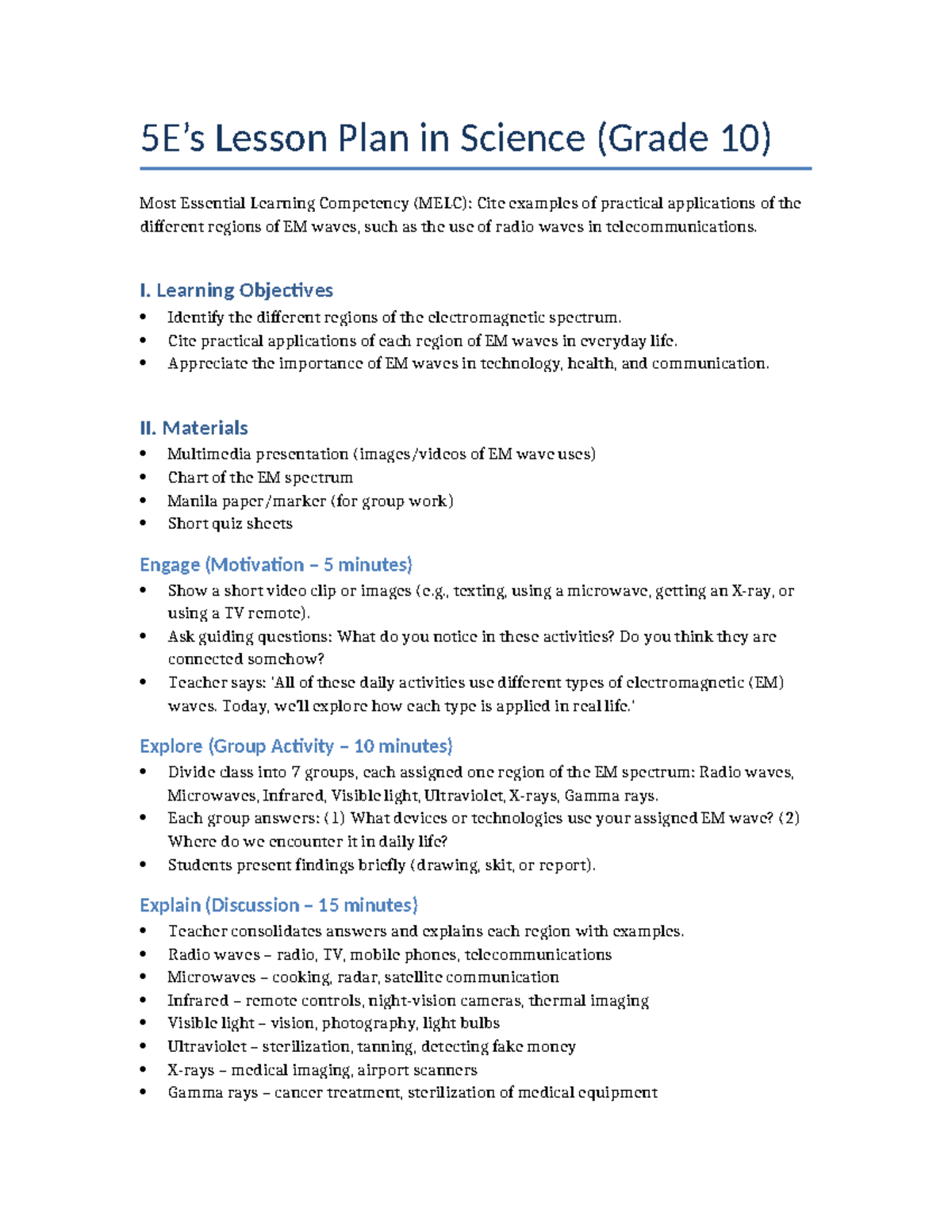 5Es Lesson Plan: Practical Applications of EM Waves (Grade 10) - Studocu