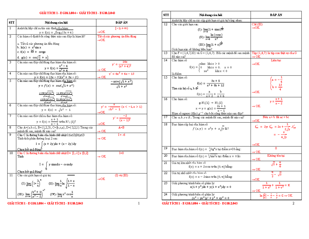 Giải tích 1 & 2 - Ôn tập và Giải quyết Bài tập - EG10.1.084 + EG10 - Studocu