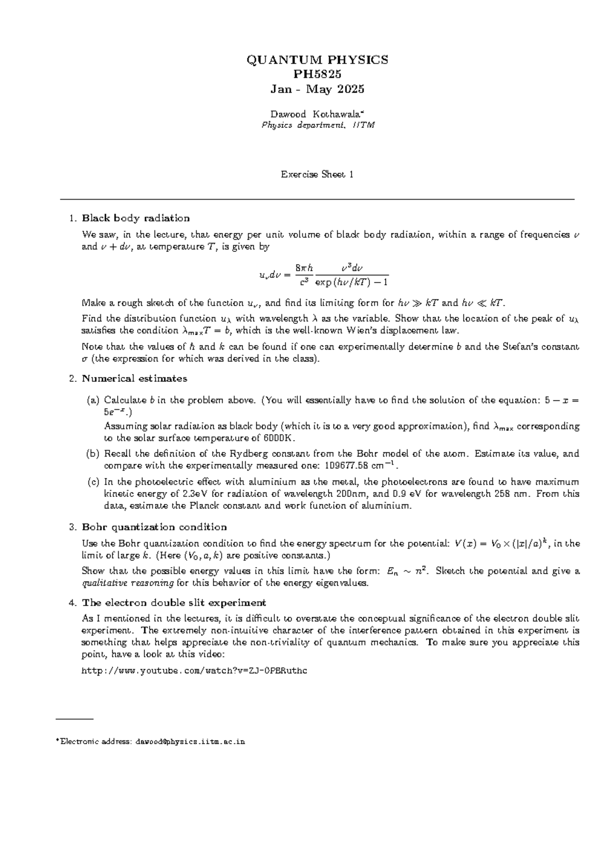 Exercise Sheet 1 - Quantum Physics PH5825 Jan-May 2025 - Studocu