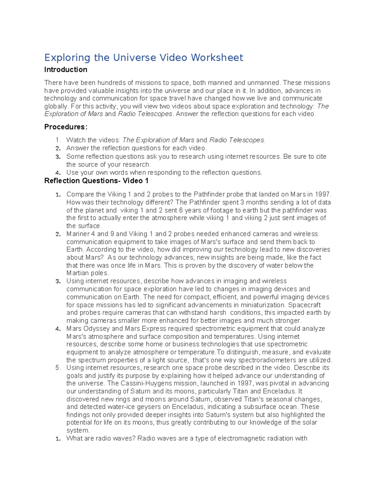 Exploring universe video worksheet - Exploring the Universe Video ...