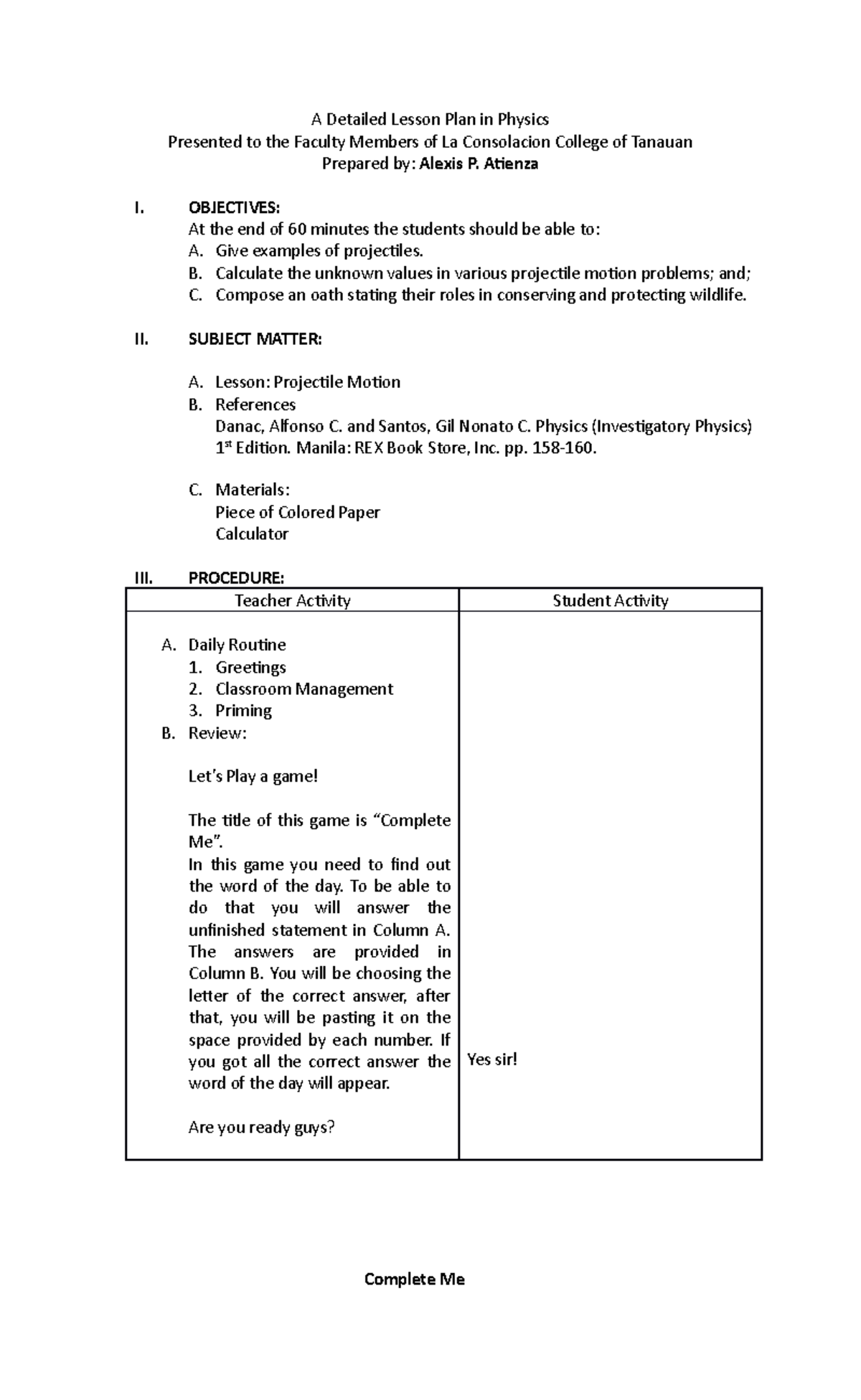 Detailed Lesson Plan in Physics about Projectile Motion - A Detailed ...