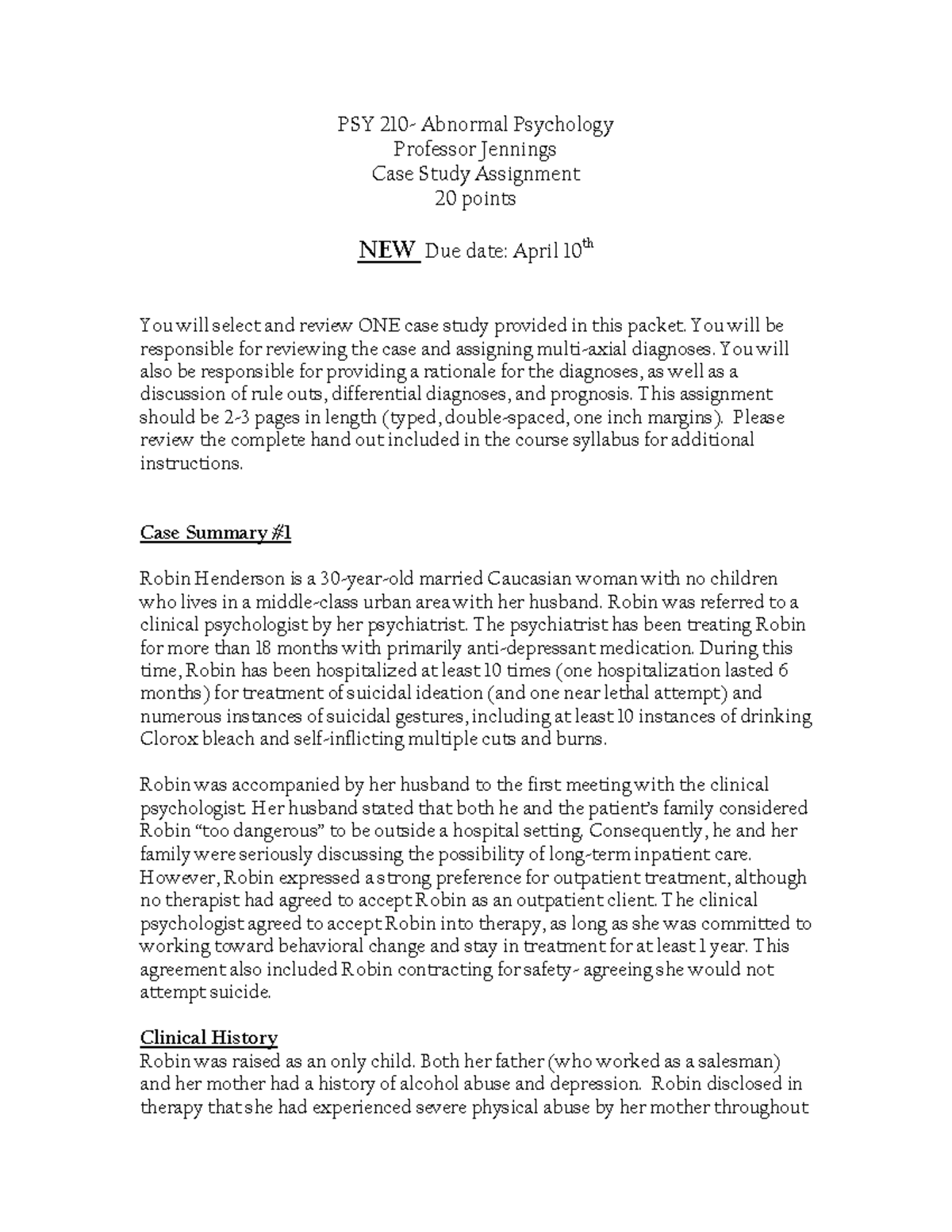 Abnormal Psychology Case Study - PSY 210- Abnormal Psychology Professor ...