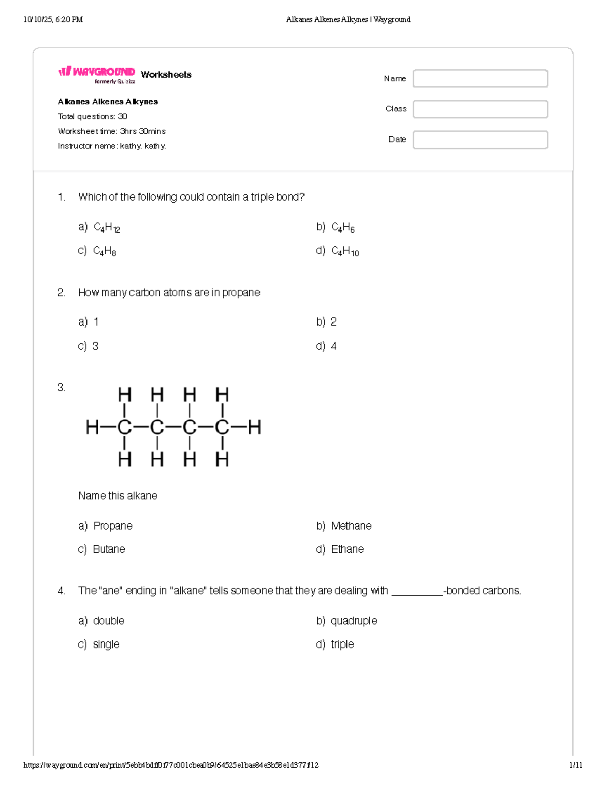 Alkanes, Alkenes, and Alkynes Worksheet (Course Code: 6:20 PM) - Studocu