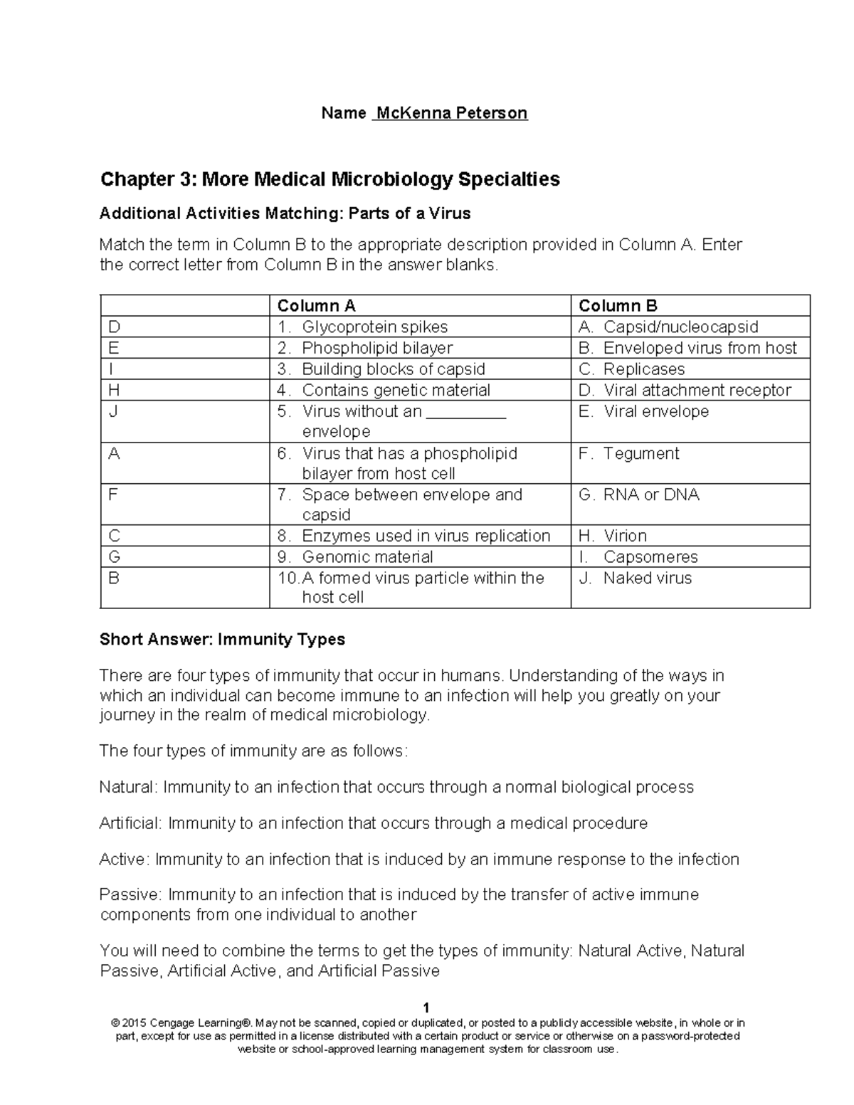 Microbiology Mod 3 Worksheet: Virus Matching & Immunity Types - Studocu