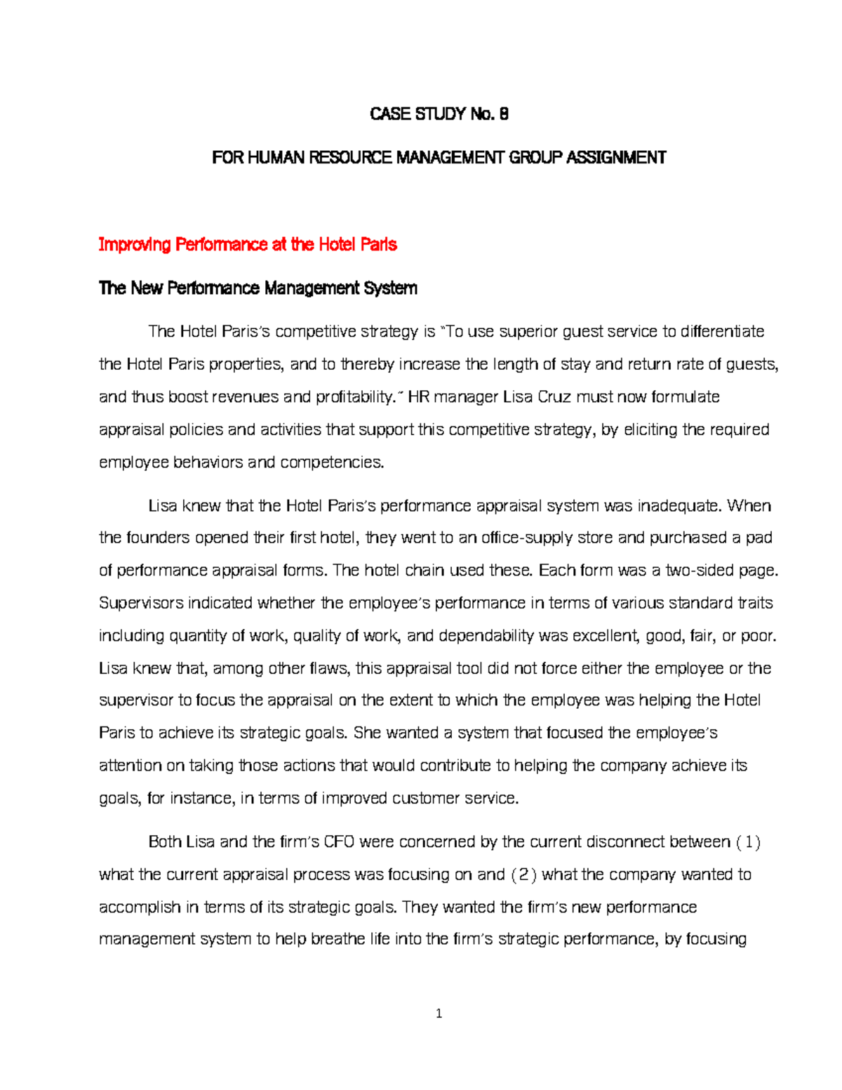 HRM Case Study 8: Enhancing Performance Management at Hotel Paris - Studocu