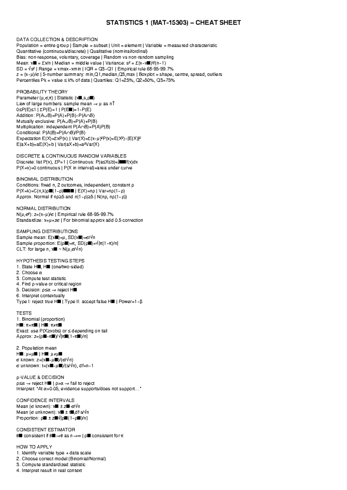 Statistics 1 Cheat Sheet: Key Concepts & Formulas WUR - Studeersnel