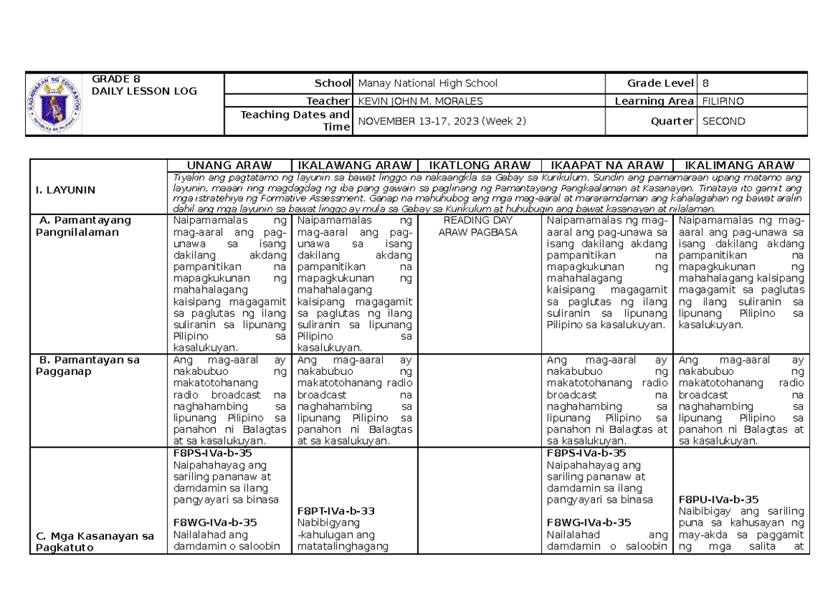 WEEK 2 - Filipino 8 ( Ikalawang Kwarter) - GRADE 8 DAILY LESSON LOG ...