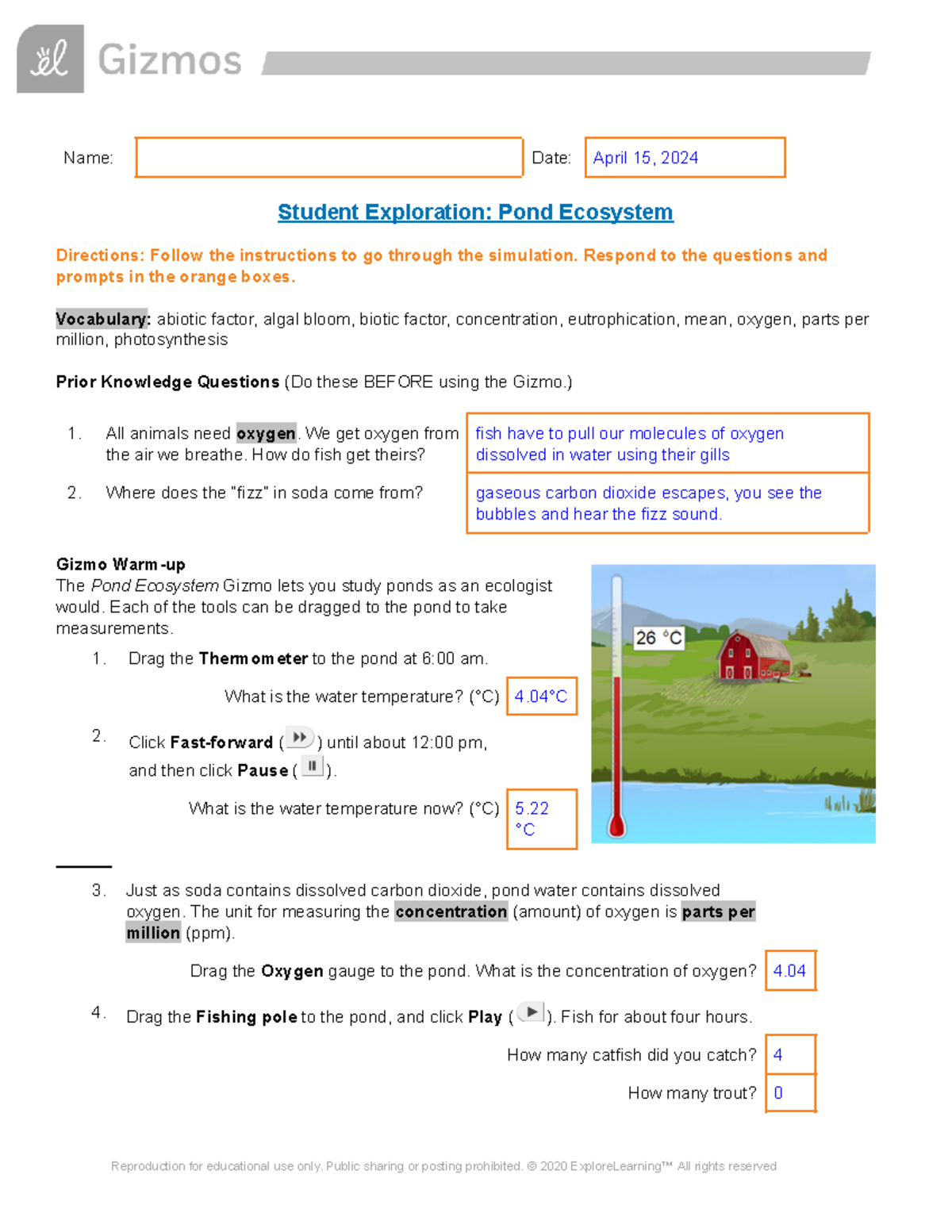 Pond Ecosystem gizmos - Name: Date: April 15, 2024 Student Exploration ...