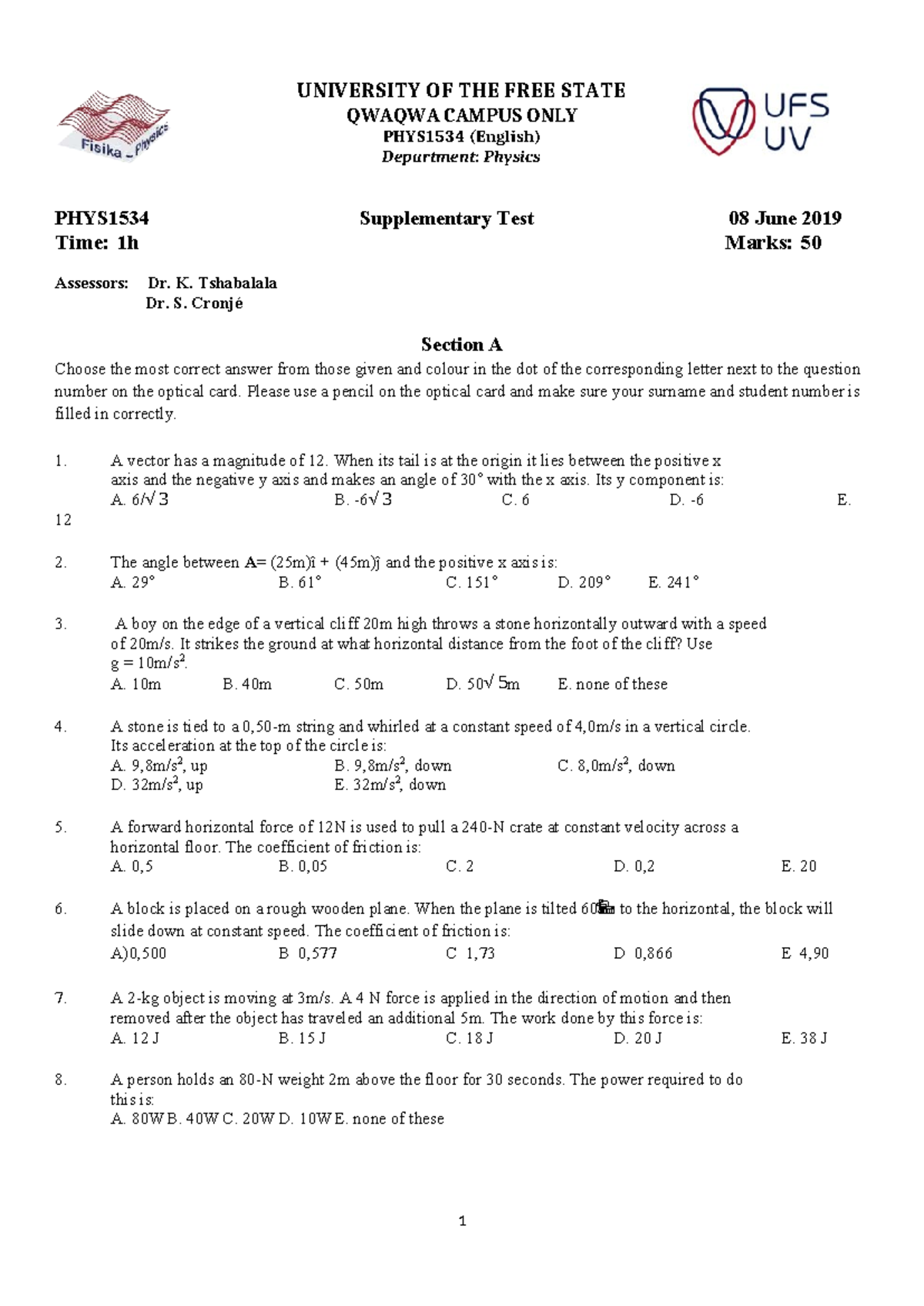 2019 PHYS1534 Supplementary Test Questions and Answers - Studocu