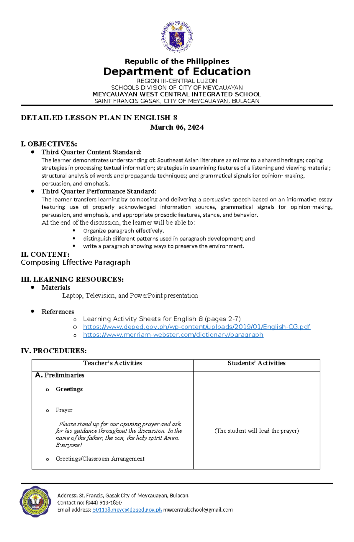 ENG8-WEEK6- Detailed Lesson Plan: Composing Effective Paragraphs - Studocu