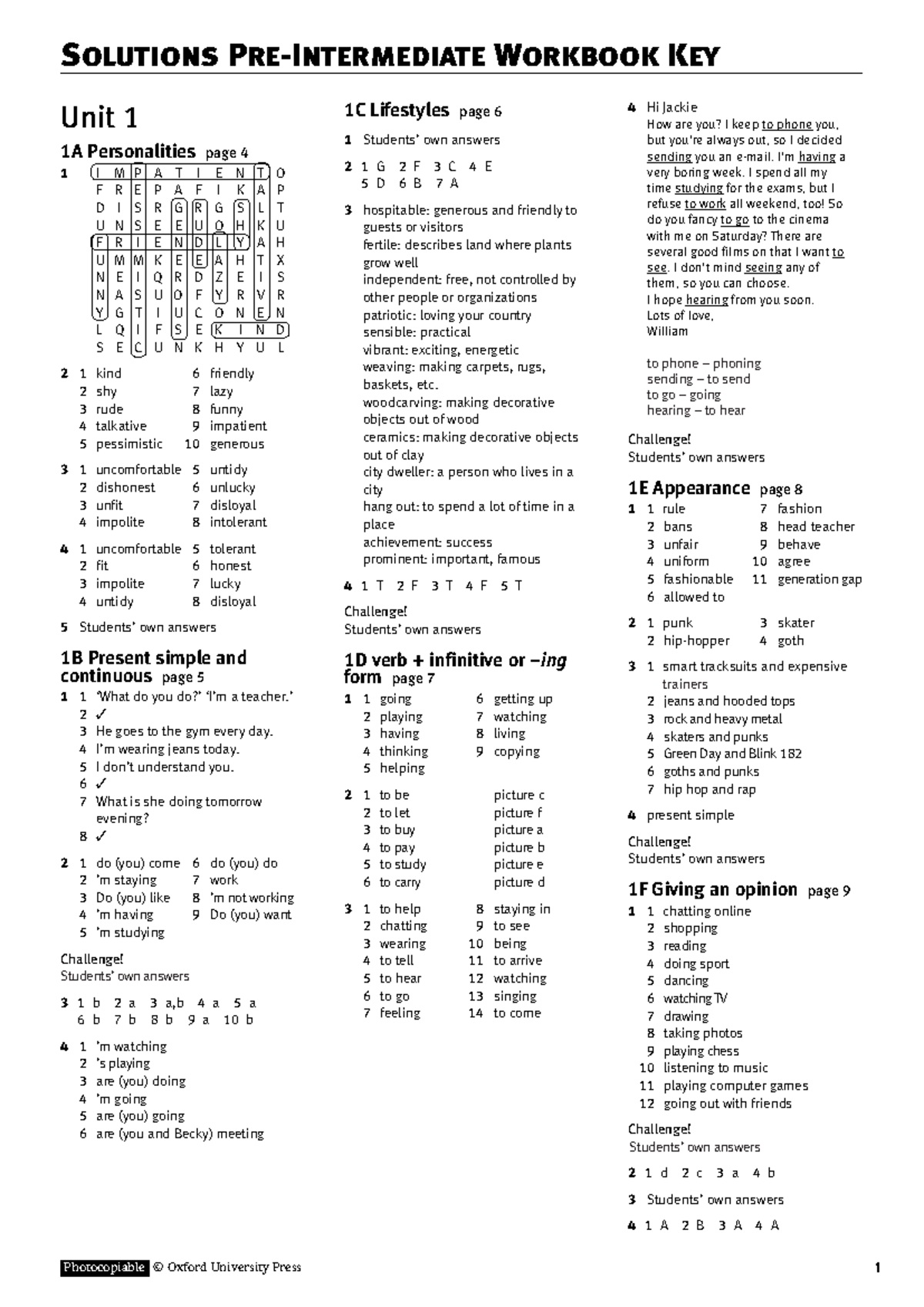 Solutions Pre-intermediate Workbook Key nha - Unit 1 1A Personalities page 4 ####### 1 I M P A T ...
