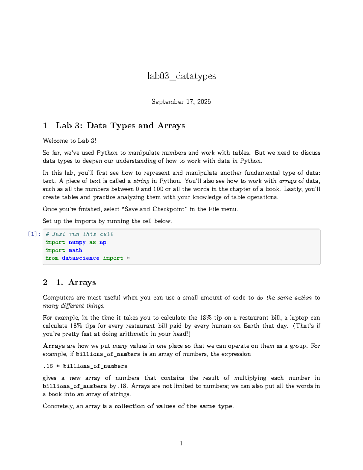 Lab 03: Data Types and Arrays in Python - Studocu
