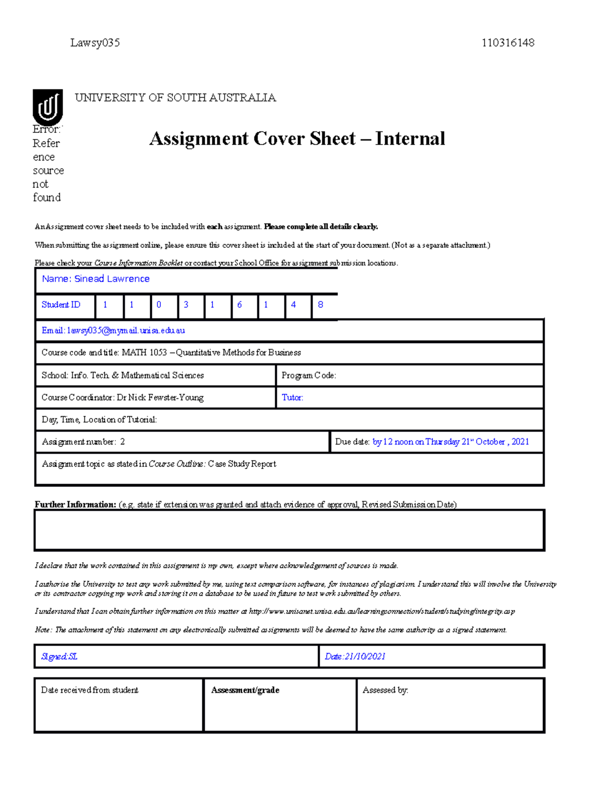 QMB MATH1053 Assignment 2 SP5 2021 Final lawsy 035 110316148 - Lawsy035 ...