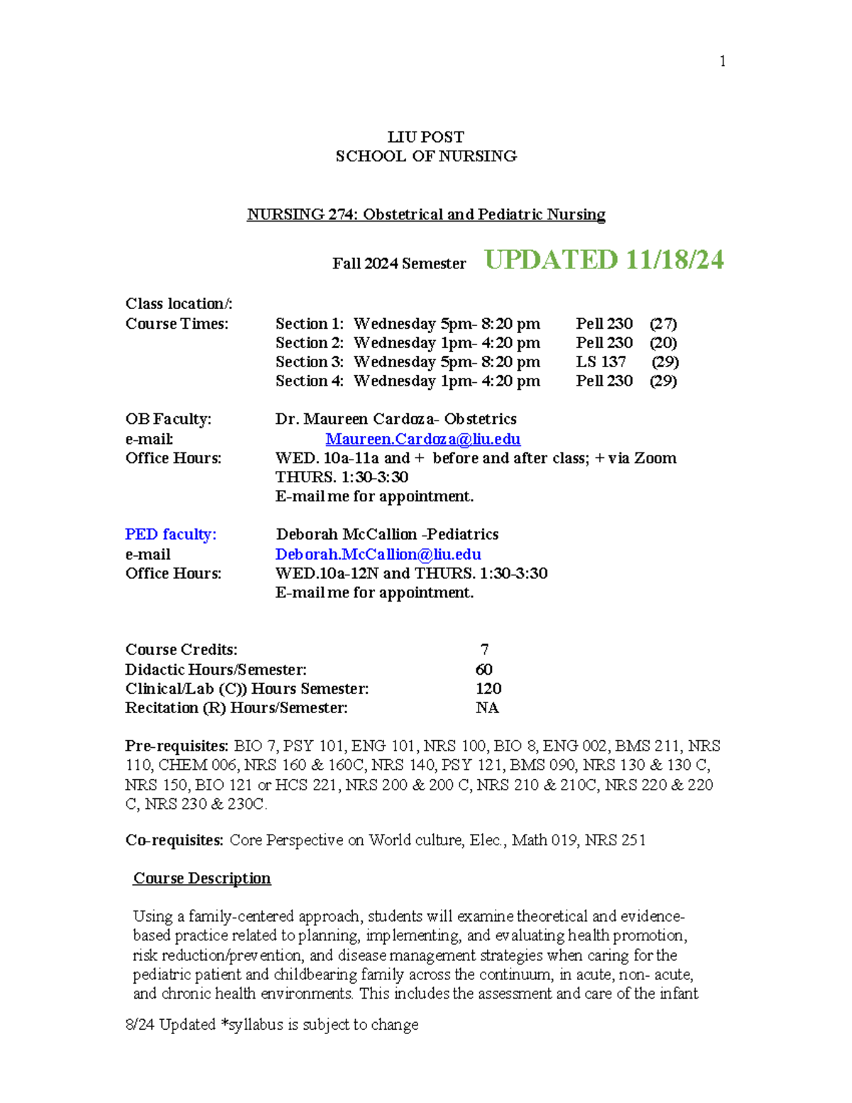 NRS 274: Updated Obstetrical and Pediatric Nursing Syllabus for Fall ...