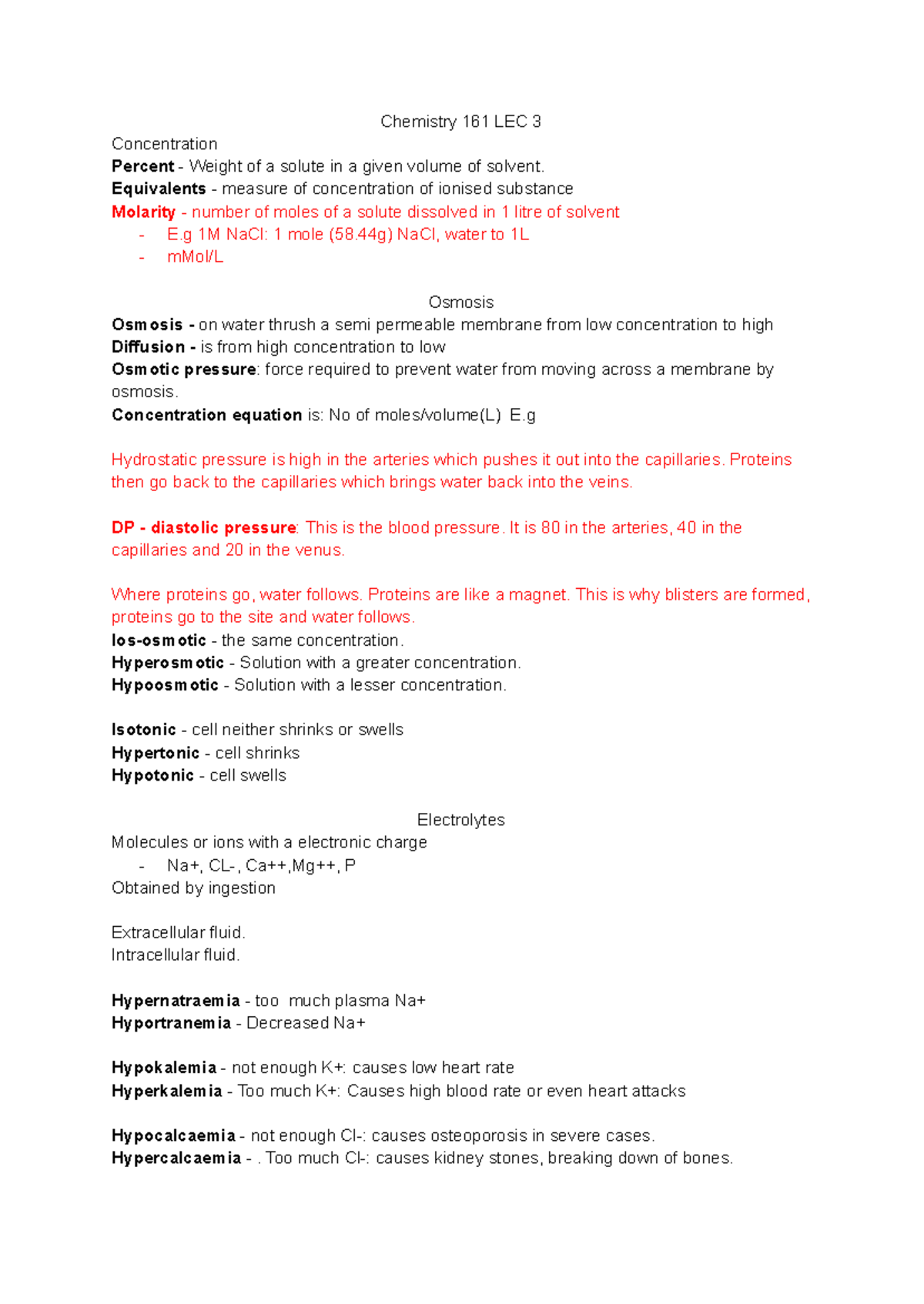 Chemistry 161 LEC 3 - Concentration and Osmosis Notes - Studocu