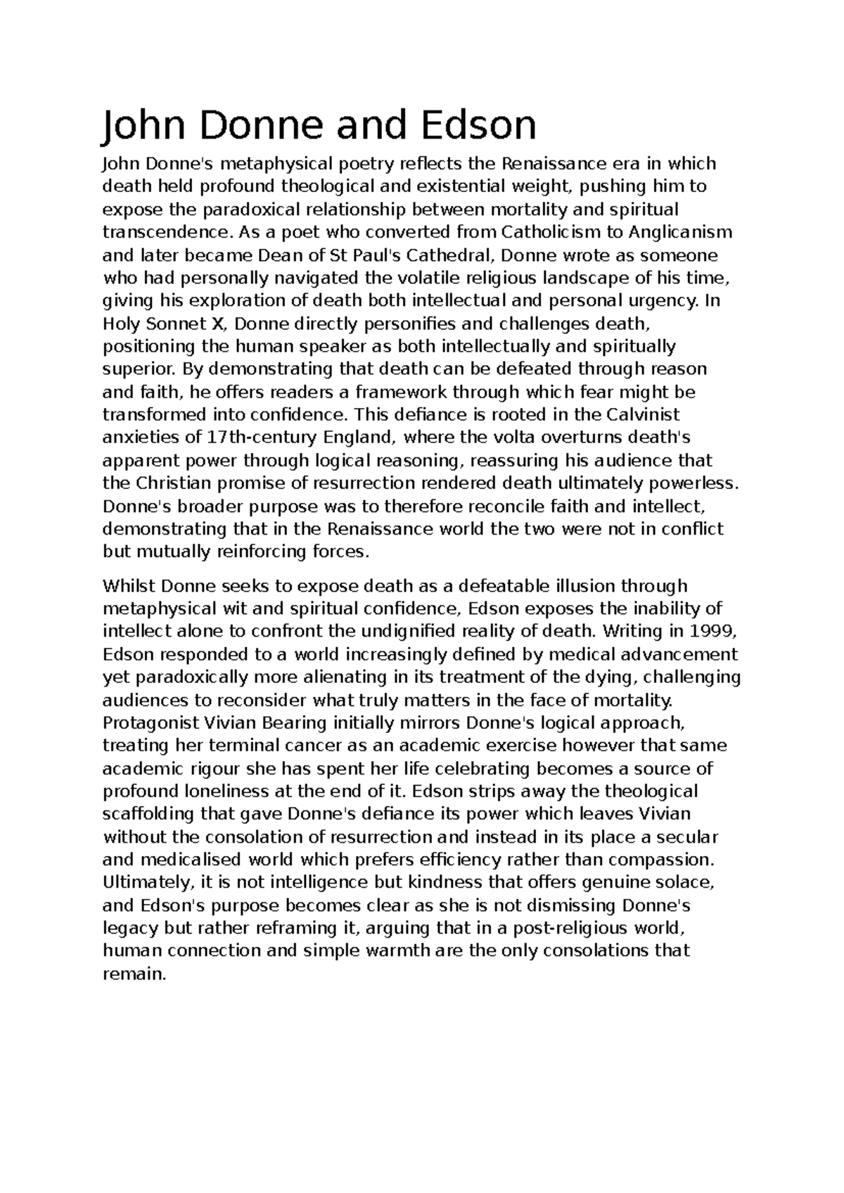 Comparative Body Paragraphs: John Donne & Edson's Metaphysical Poetry ...