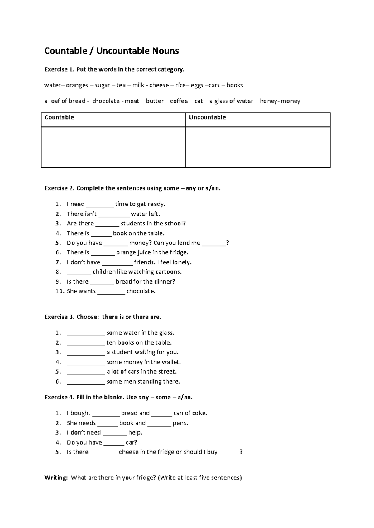 Count:uncount - Exercises on English countable and uncountable nouns ...