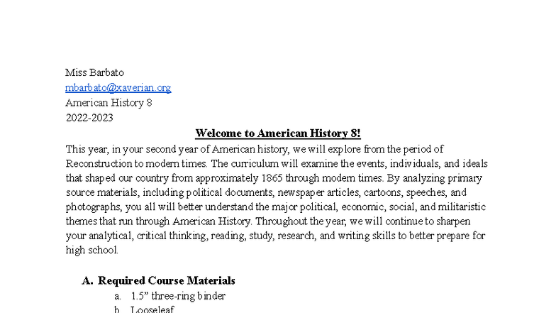 American History 8 Syllabus: Exploring Reconstruction to Modern Times ...
