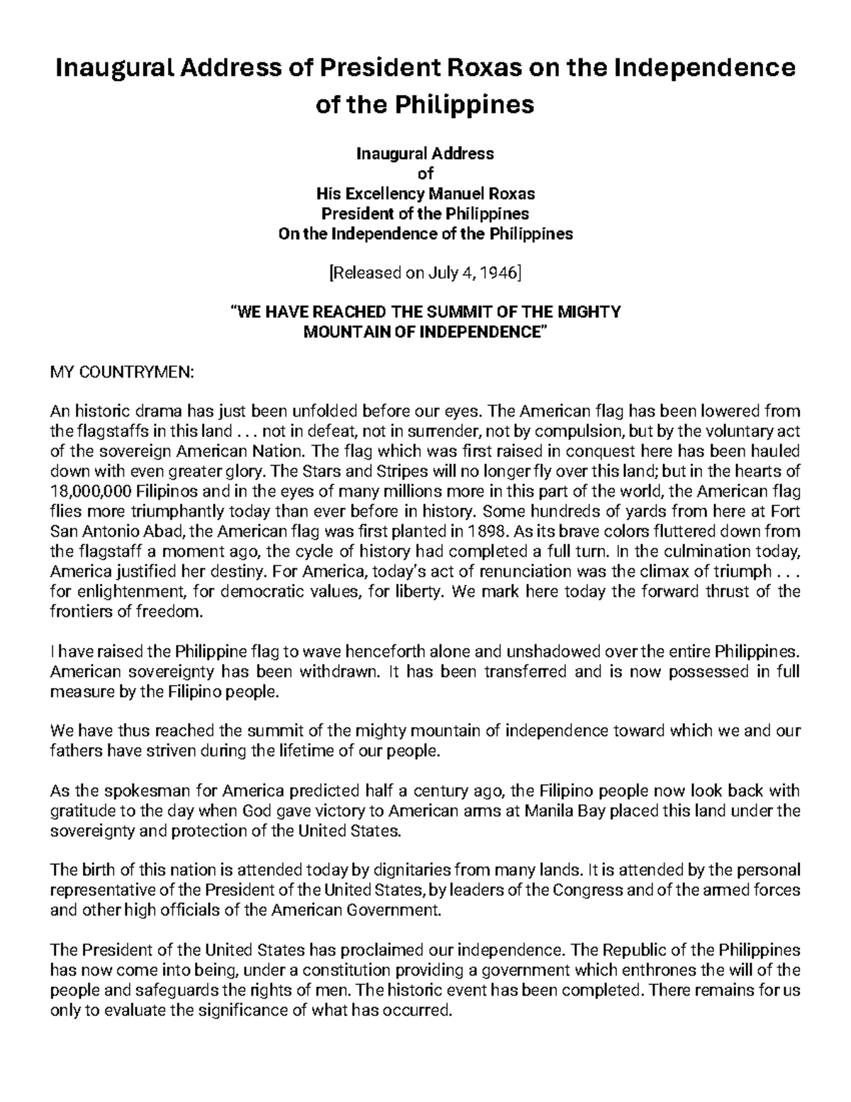 Inaugural Address of President Roxas: Chronicle of Philippine ...