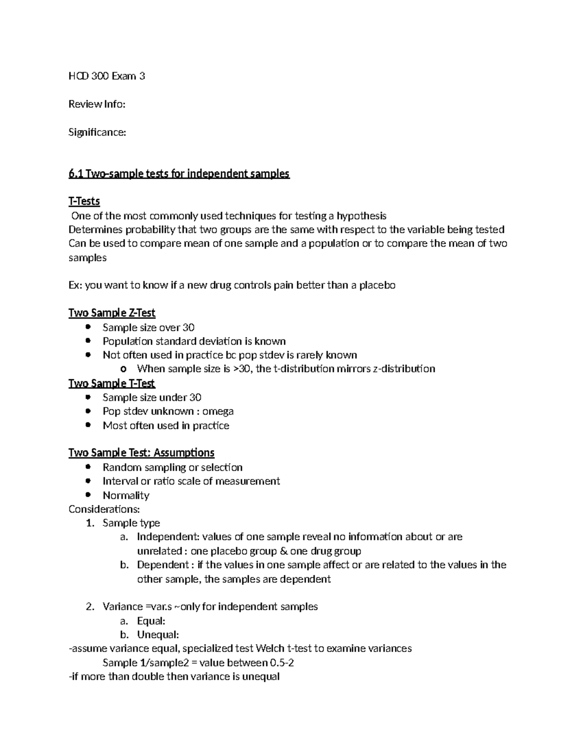 HCD 300 Exam 3 Study Notes: T-Tests & ANOVA Overview - Studocu