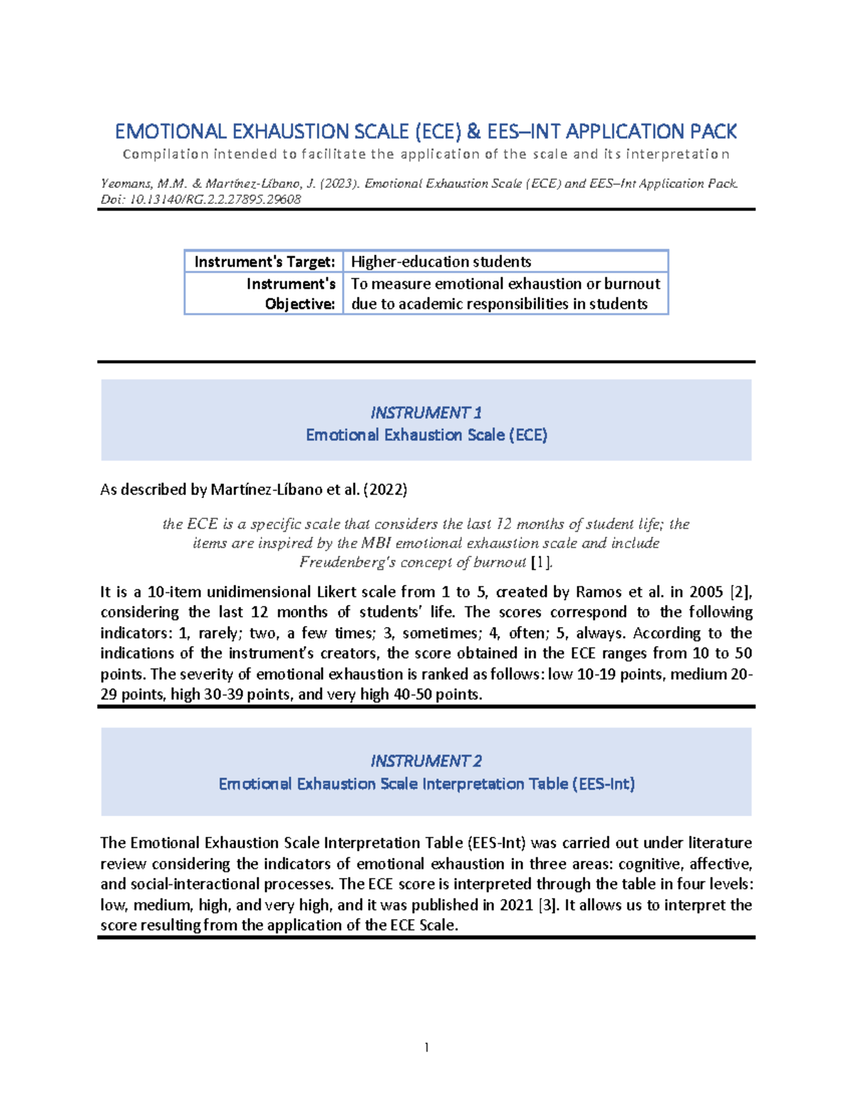 Emotional Exhaustion Scale (ECE) & Interpretation Table Guide - Studocu
