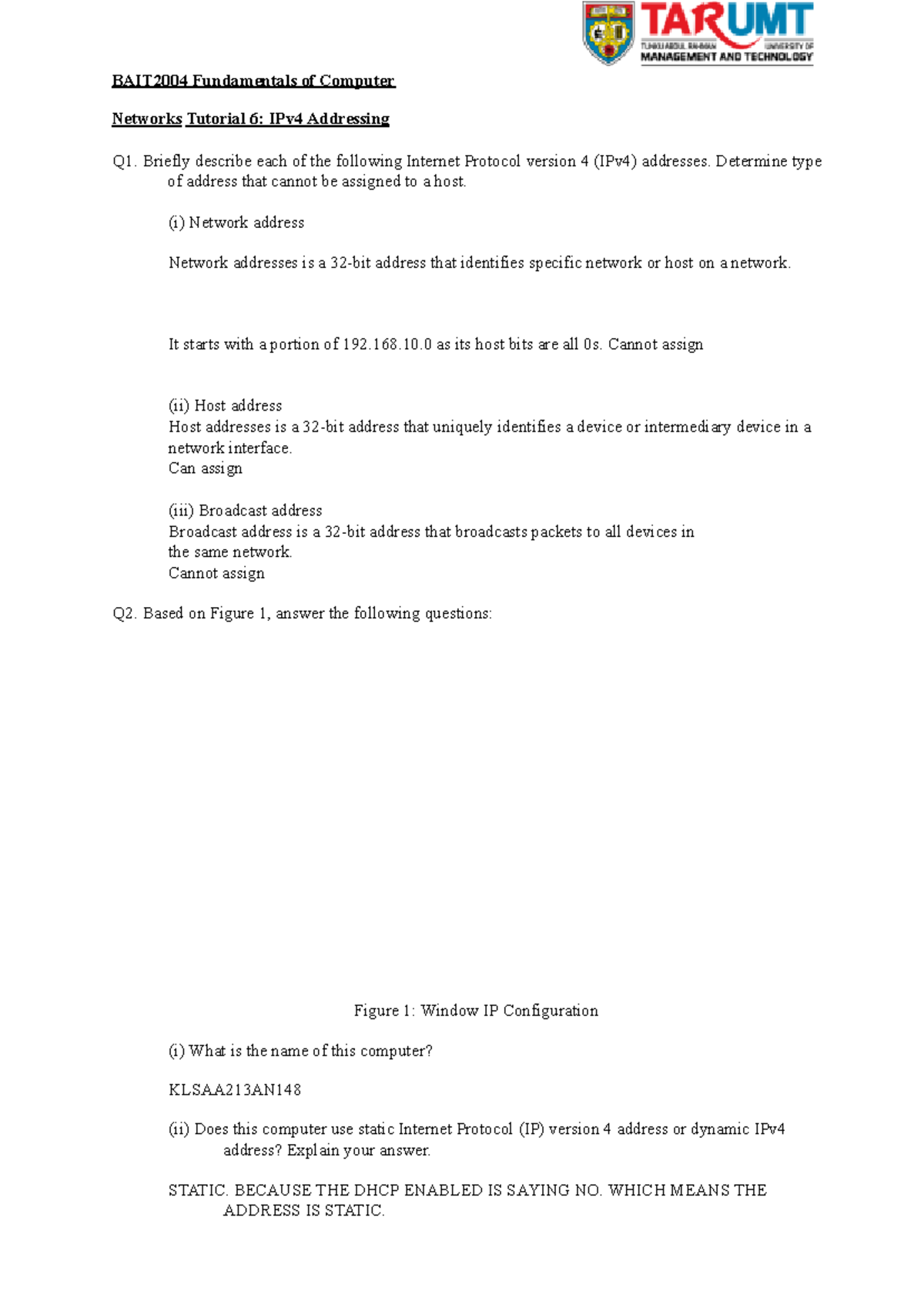 BAIT2004 Tutorial 6.1 IPv4 Addressing (QUES)-202405 - BAIT2004 ...