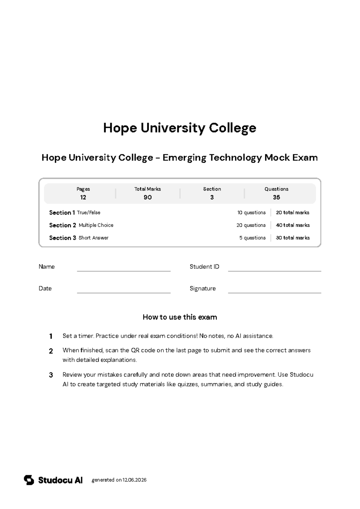 Hope University College - Emerging Technology Mock Exam Guide - Studocu