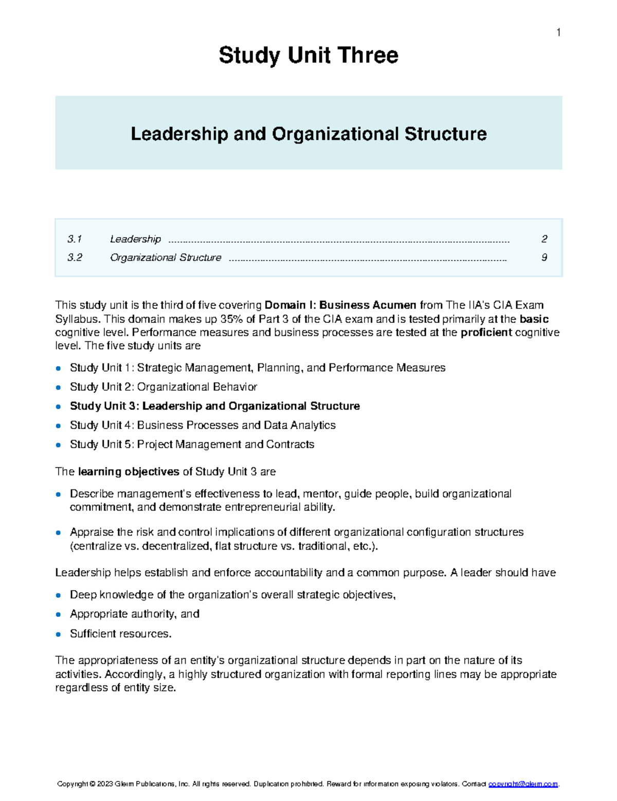 CIA3 Study Unit 3: Leadership & Organizational Structure Overview - Studocu