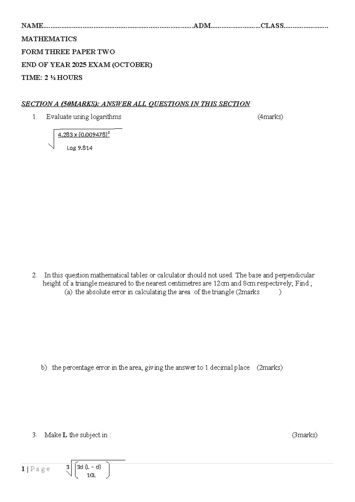 2025 MATHEMATICS FORM THREE PAPER TWO END YEAR EXAM QUESTIONS - Studocu