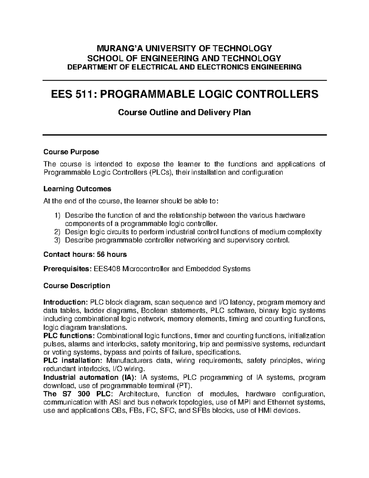 EES 511 - Programmable Logic Controllers V4 b - MURANG’A UNIVERSITY OF TECHNOLOGY SCHOOL OF ...
