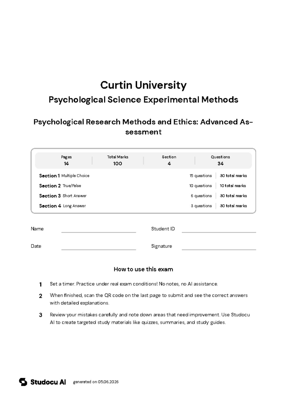 Psychological Research Methods and Ethics: Advanced Assessment - Studocu