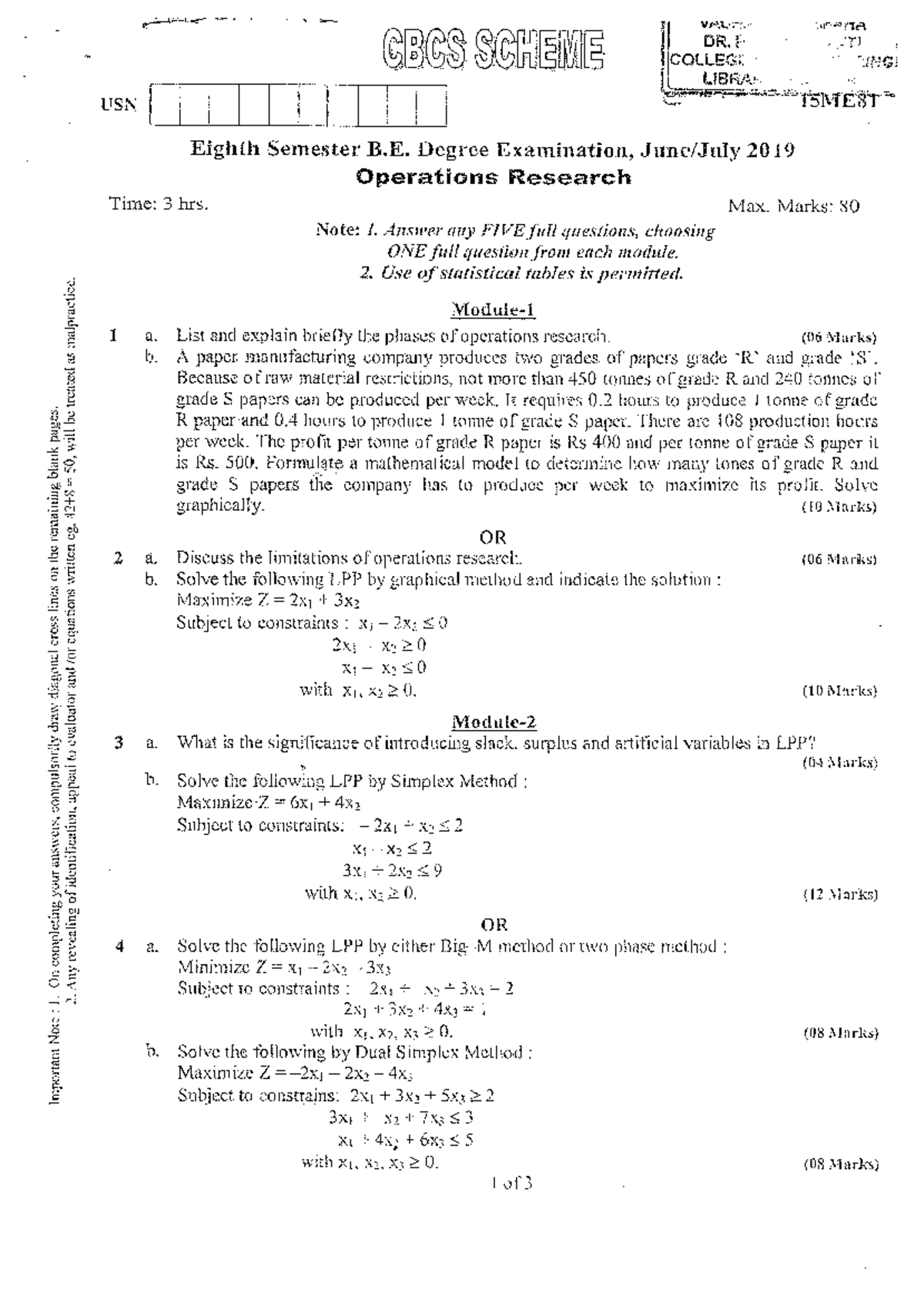 Operation Research Solutions - 17ME81 Eighth Sem B.E. Exam 2019 - Studocu