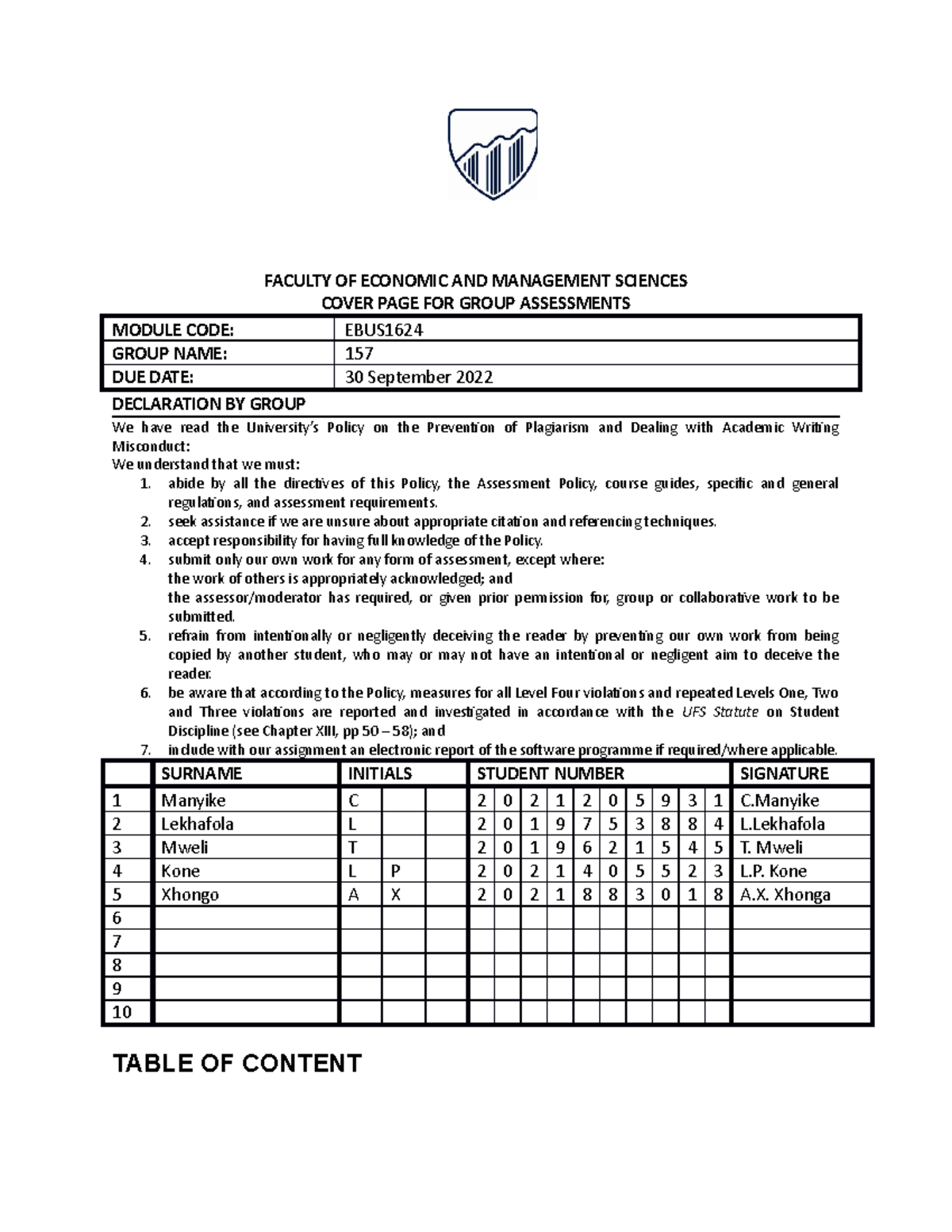 EBUS1624 Group Assigment PART 1 - FACULTY OF ECONOMIC AND MANAGEMENT SCIENCES COVER PAGE FOR ...