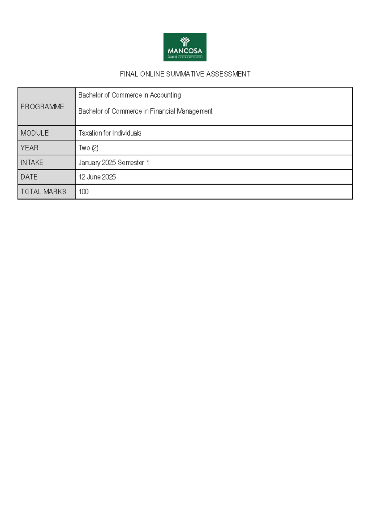 Taxation for Individuals: Final OSA - BCom Accounting 2025 - Studocu