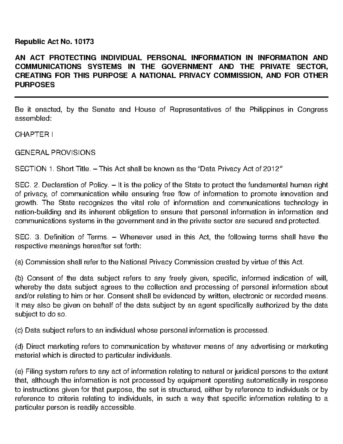 Data Privacy Act RA 10173 - Republic Act No. 10173 AN ACT PROTECTING ...