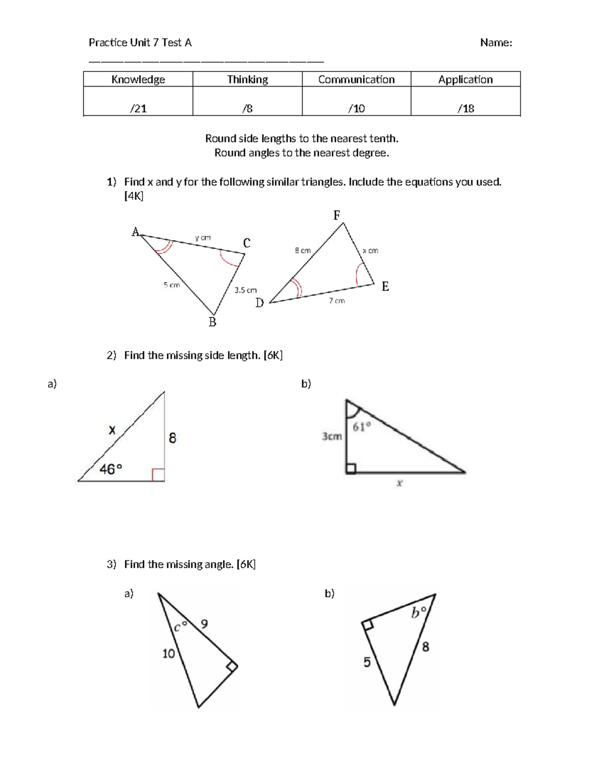 MPM2D Practice Unit 7 Test A: Trigonometry Problems and Solutions - Studocu