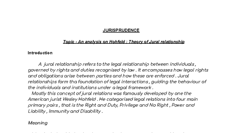 JURISPRUDENCE: Analyzing Hohfeld's Theory of Jural Relationships - Studocu