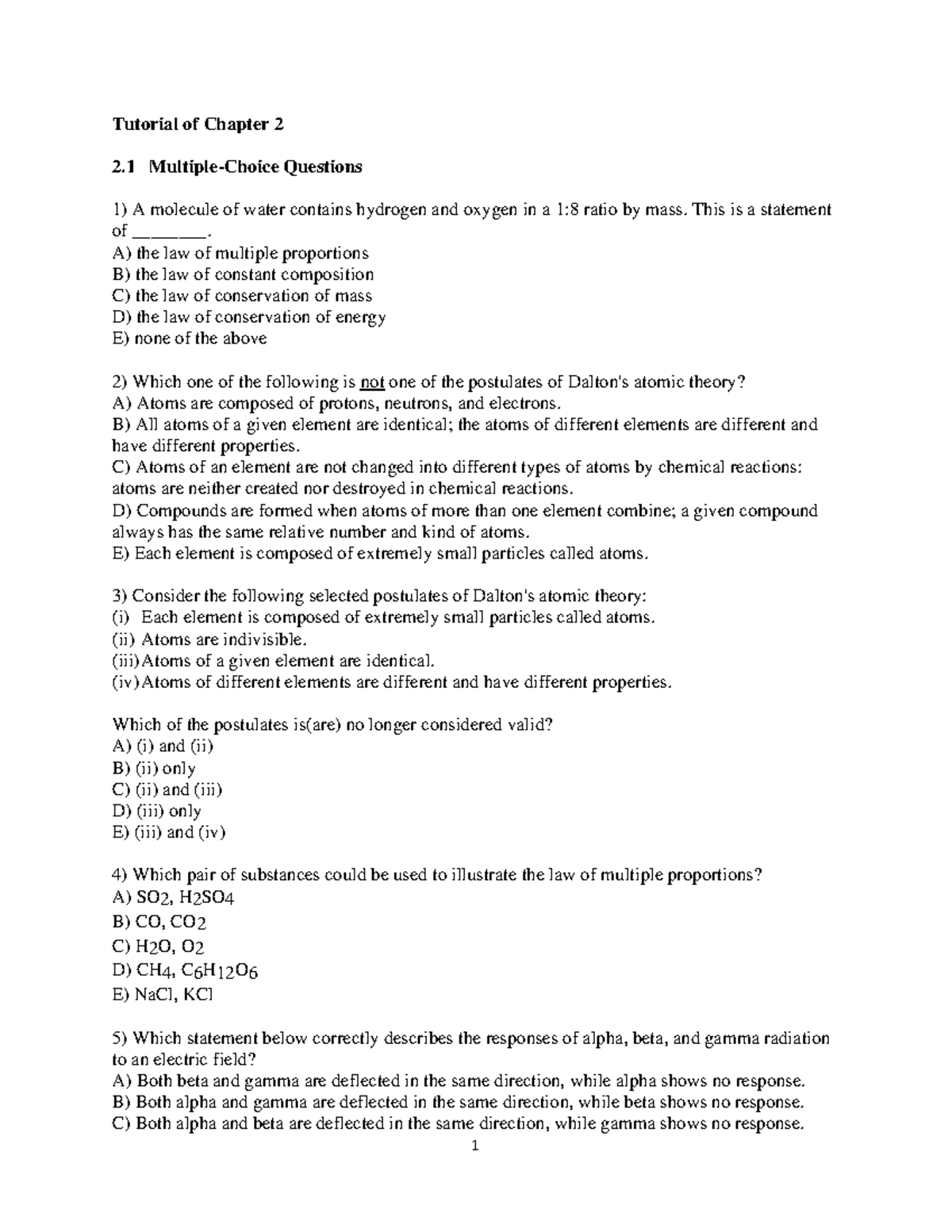 Tutorial on Chapter 2 - Quiz Questions on Atoms, Molecules, and Ions ...