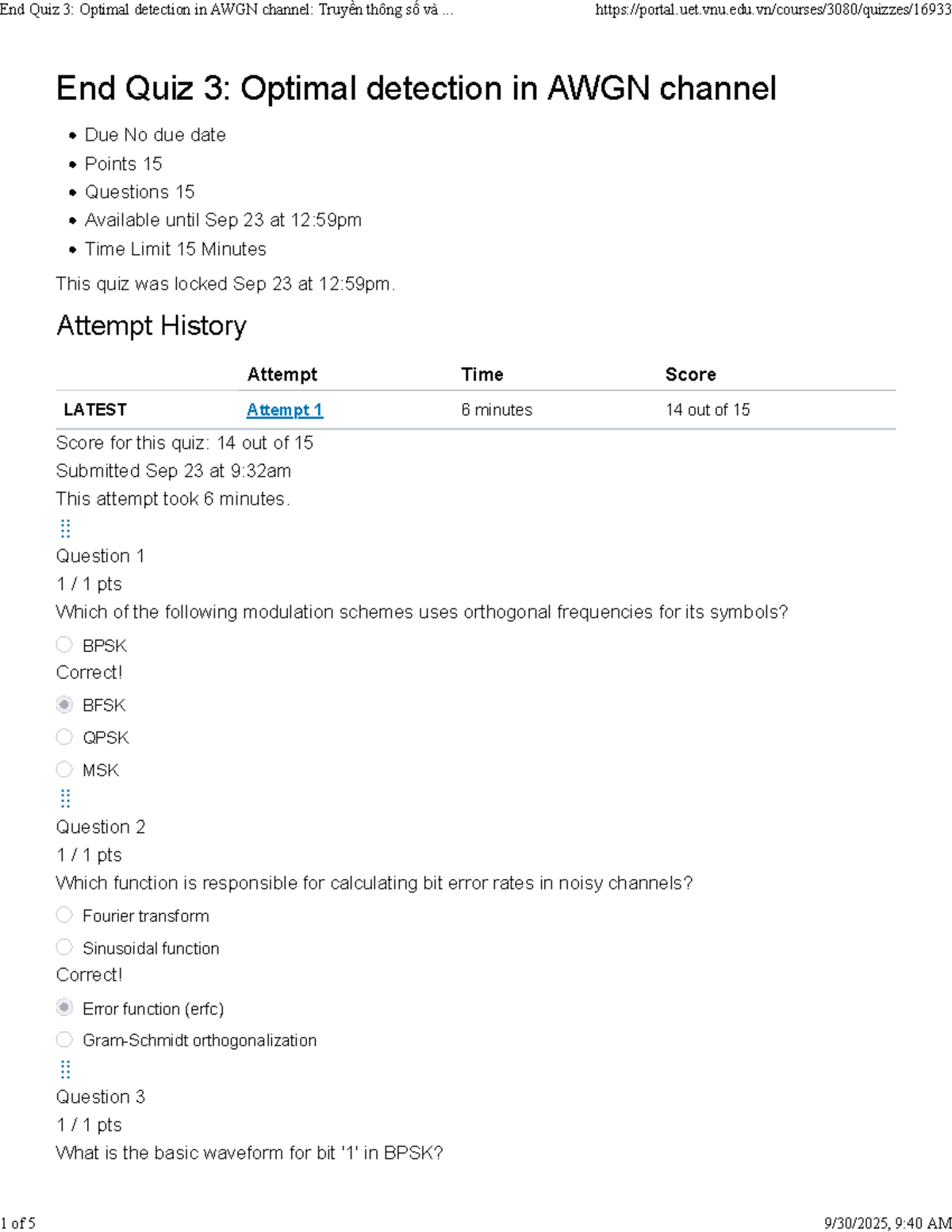 End Quiz 3: Optimal Detection in AWGN Channel (2526I ELT3057) - Studocu