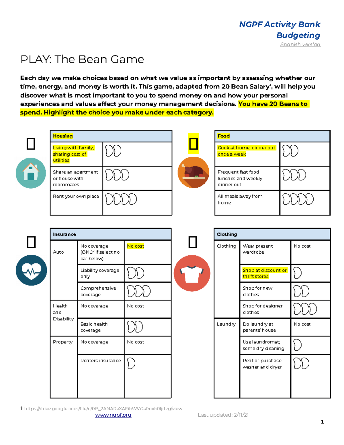 NGPF Activity - The Bean Game: Budgeting Insights and Techniques - Studocu