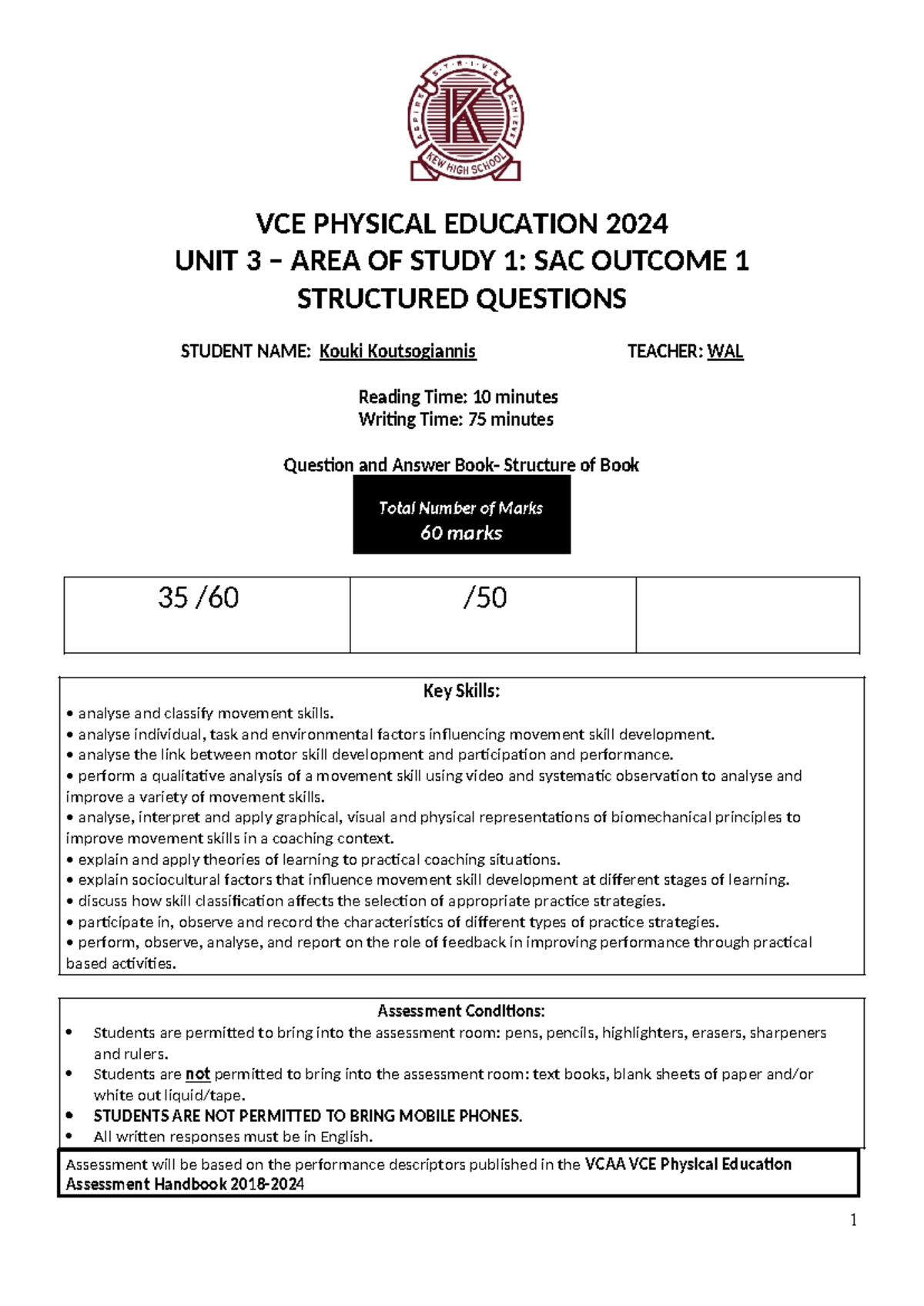 VCE PE 2024 U3 SAC 1 Short Answer Responses by Kouki K. - Studocu