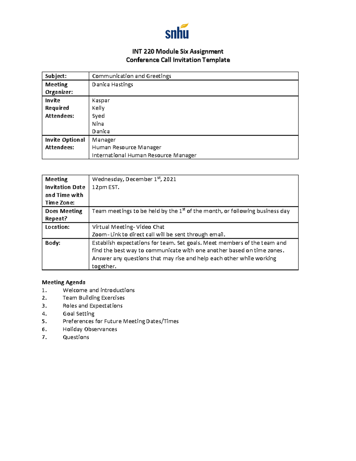 INT 220 6-1: Conference Call Invitation Template and Agenda - Studocu