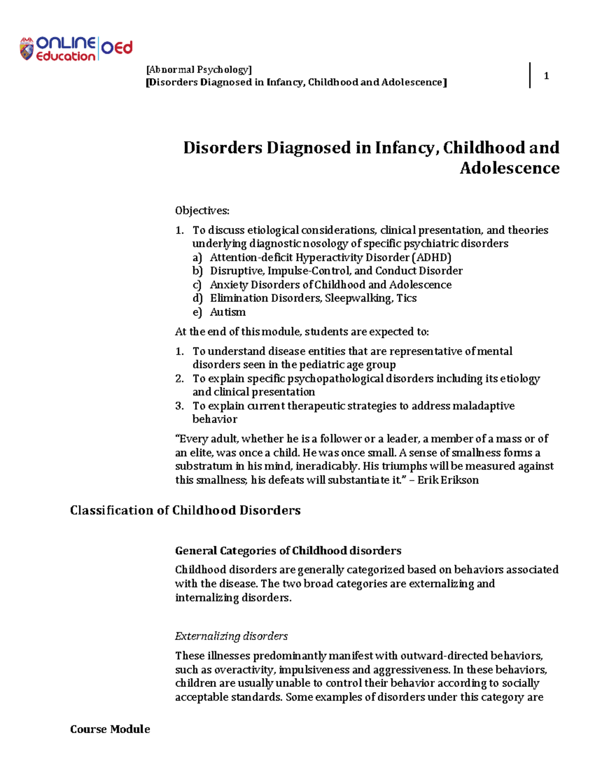Module 4: Disorders Diagnosed in Infancy, Childhood, and Adolescence ...