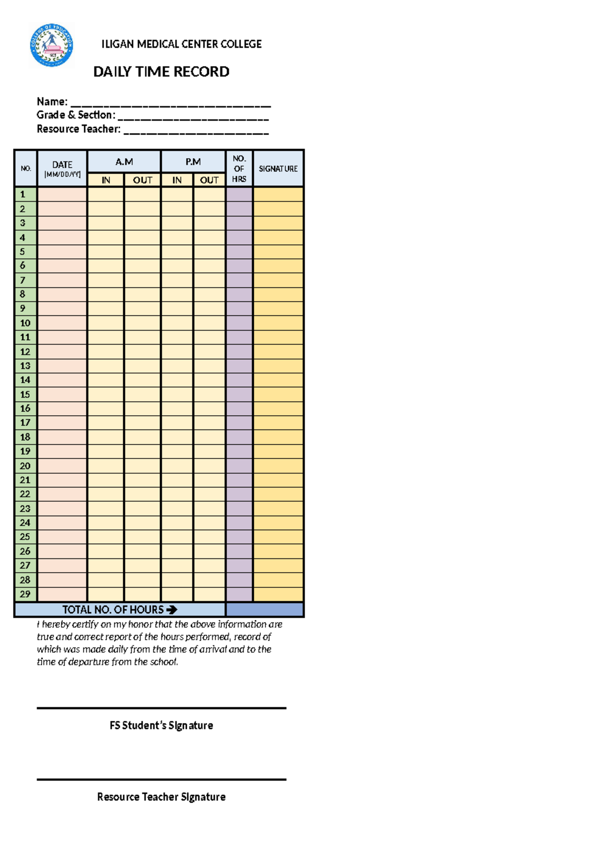 DTR FS - DTR sample template - ILIGAN MEDICAL CENTER COLLEGE DAILY TIME ...
