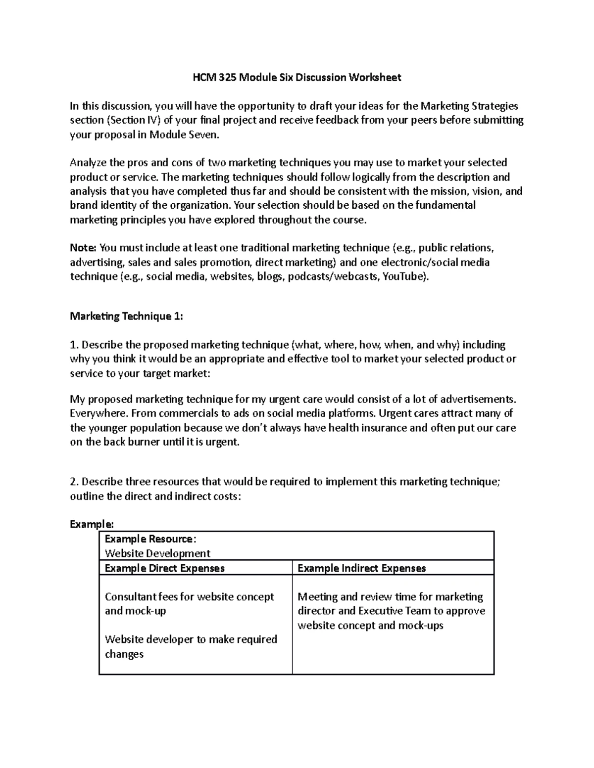 HCM 325 Module Six Marketing Strategies Discussion Worksheet - Studocu