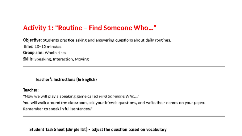 Game Ideas - Daily Routine Activities for Speaking Skills - Studocu