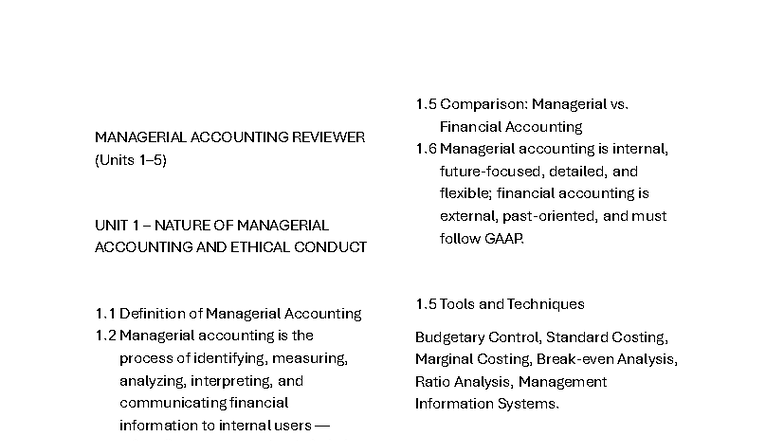 MANAGERIAL ACCOUNTING REVIEWER (Units 1-3) - Key Concepts & Ethics - Studocu
